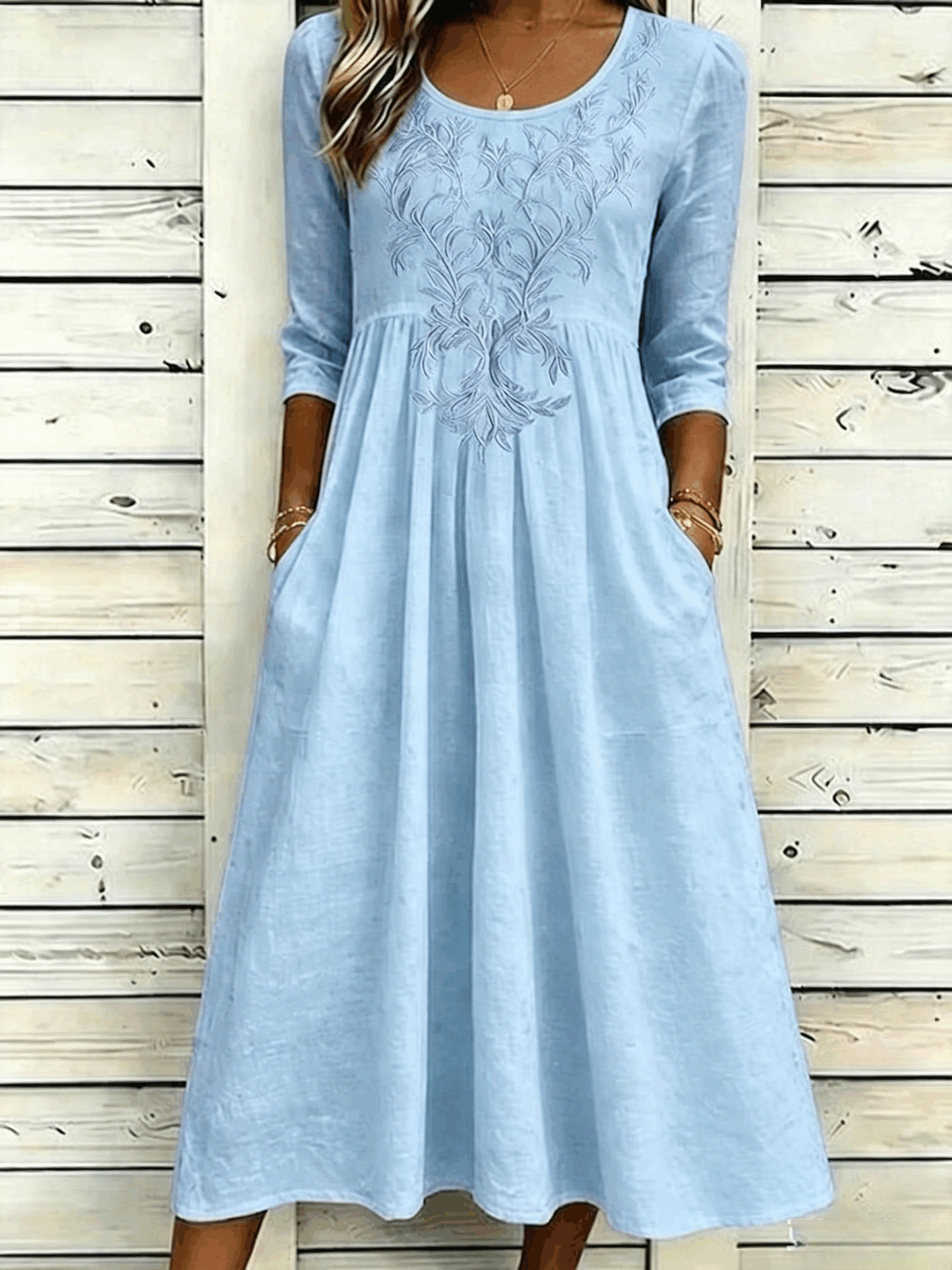 Women Floral Crew Neck Vintage Summer Daily Maxi A-Line Dress | anniecloth