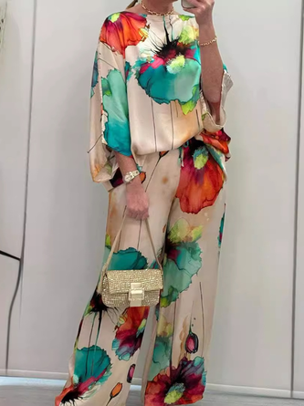 Loose Casual Shawl Collar Floral Two-Piece Set | anniecloth