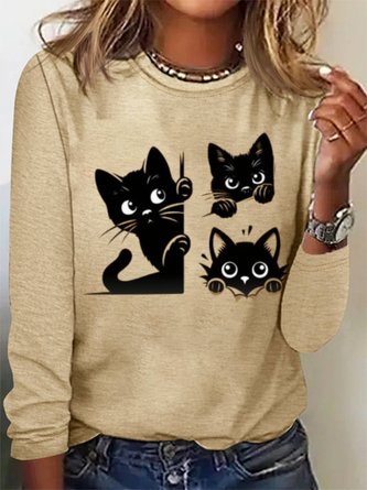 Women's Cute Black Cat Print Tee Long Sleeve Casual T-Shirt | anniecloth