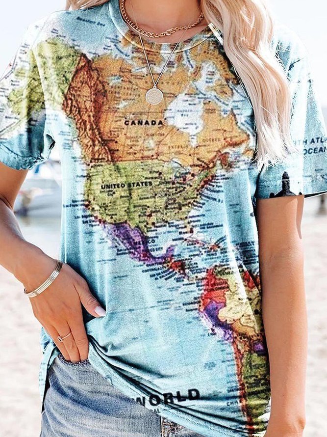 Cotton-Blend Casual Crew Neck Printed map shirt | anniecloth
